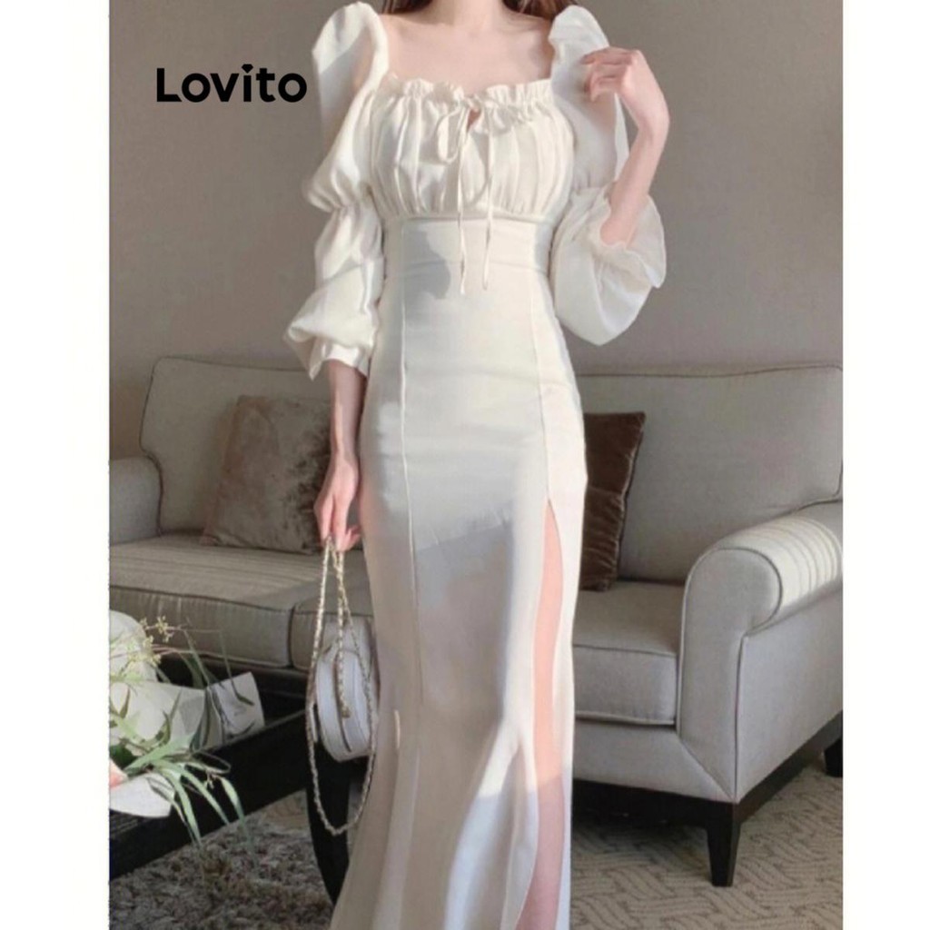 Lovito Vestido Elegante Liso Com Renda E Babados Na Frente Dividida