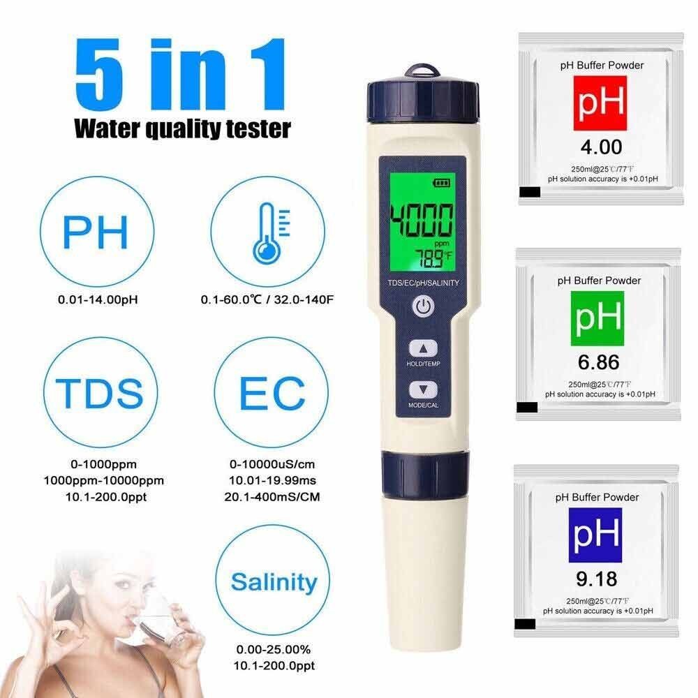 5 in 1 PH Meter TDS EC Salinity Temperature Digital Water Quality ...