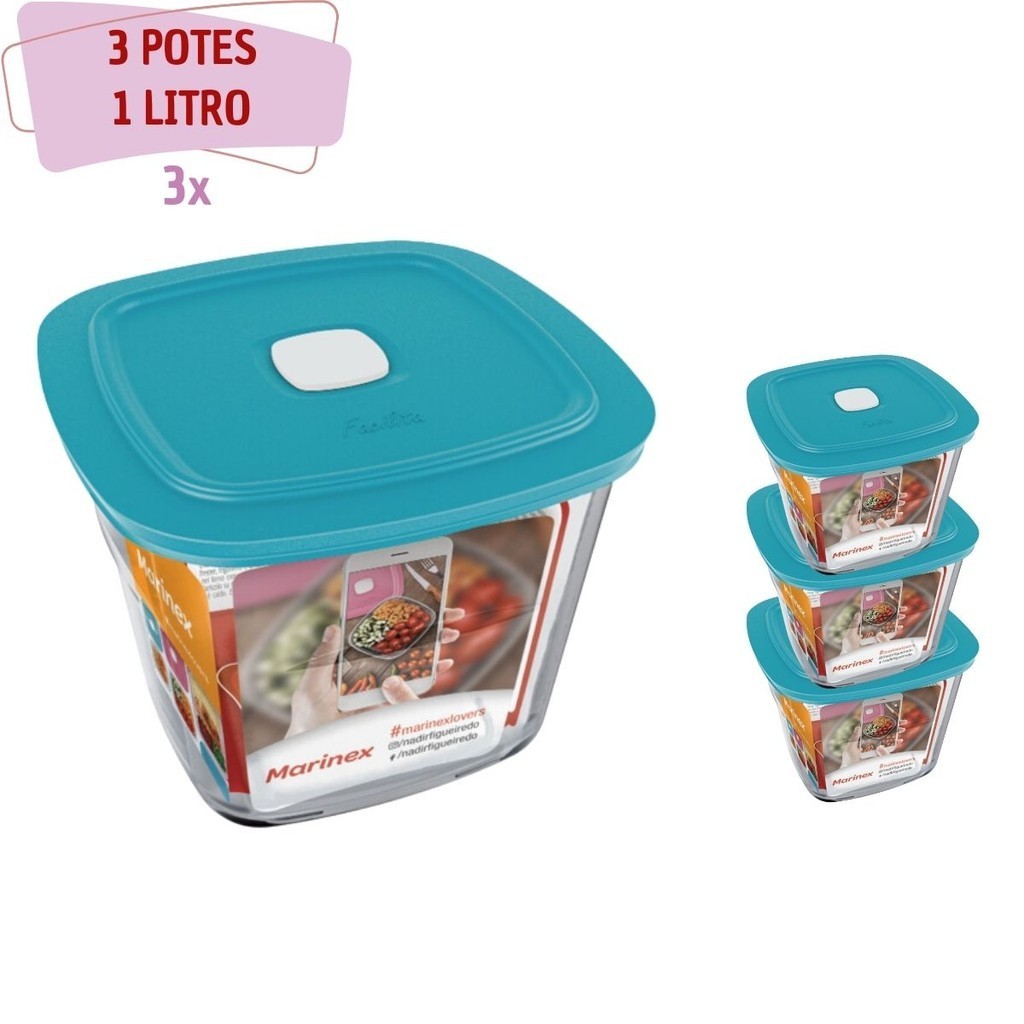 Pote Vidro Quadrado Alto Facilita Com Tampa 1L Marinex 3Un | Shopee Brasil