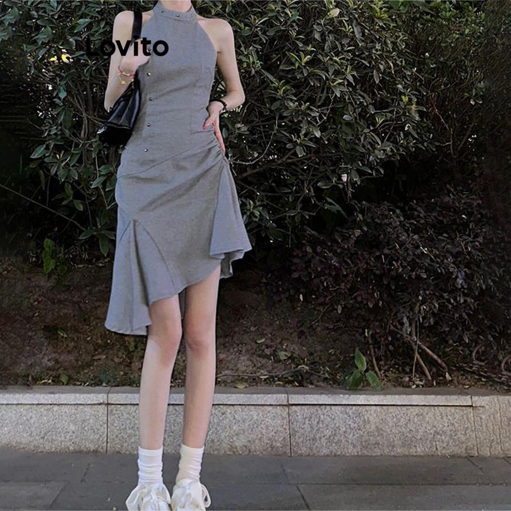 Lovito Casual Vestido Feminino Liso Assimétrico Franzido Com Botão