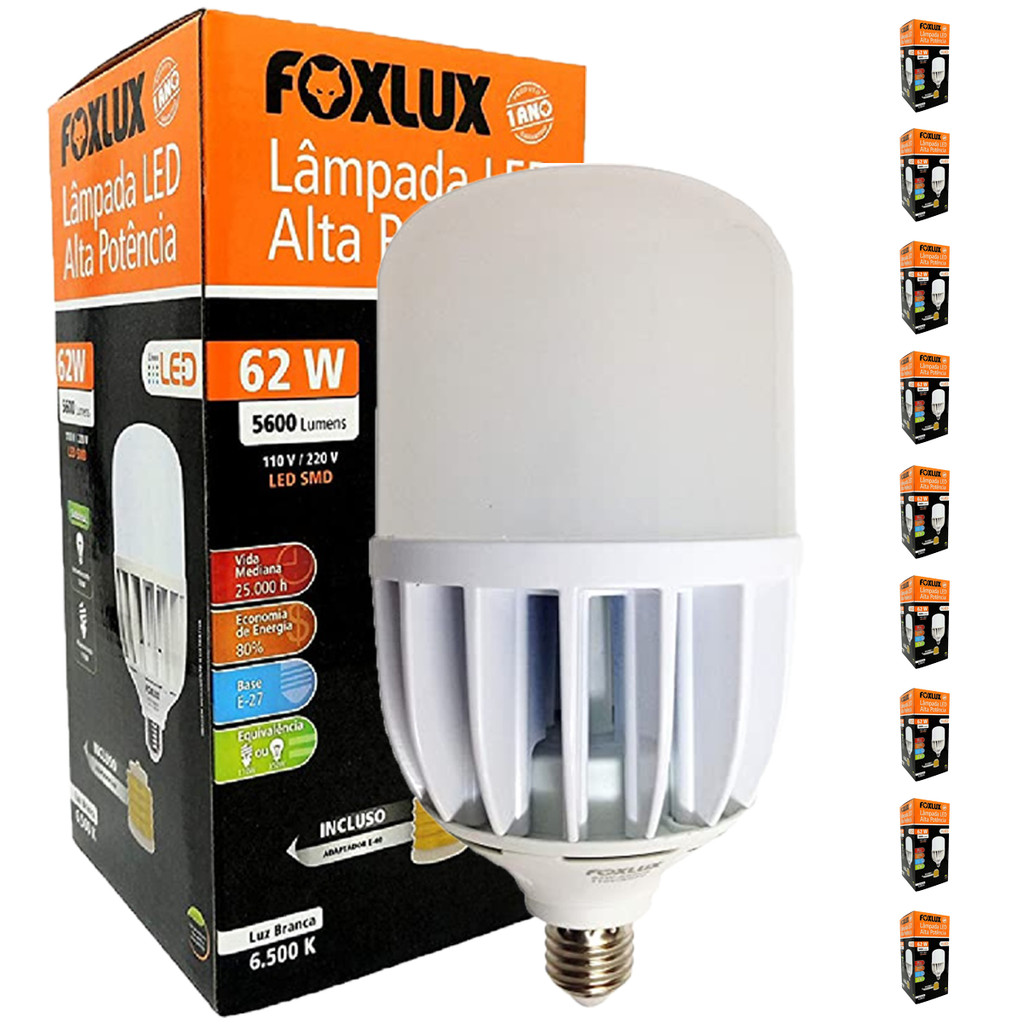 Kit 10 Lâmpada Led Foxlux Bulbo Alta Potência 62W Bivolt 6500K ...