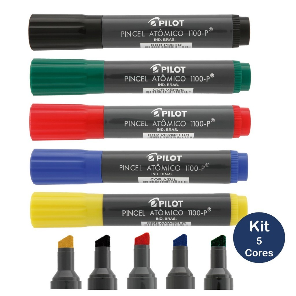 Pincel Atômico Pilot 1100P Kit 5 Cores Marcador Permanente Recarregável ...