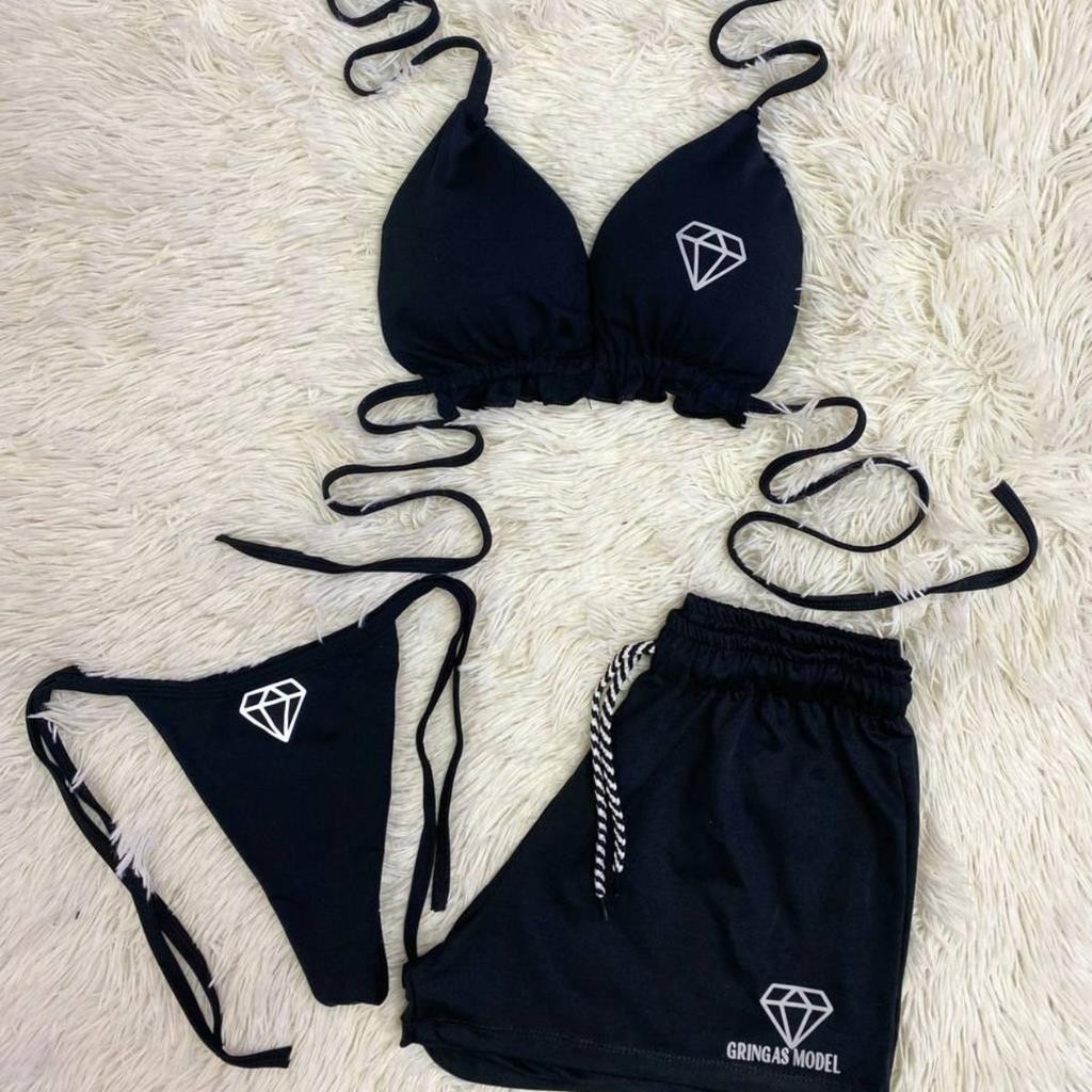 Biquini Cortininha Semi Fio + Short Estampa Refletiva Gringas Model ...