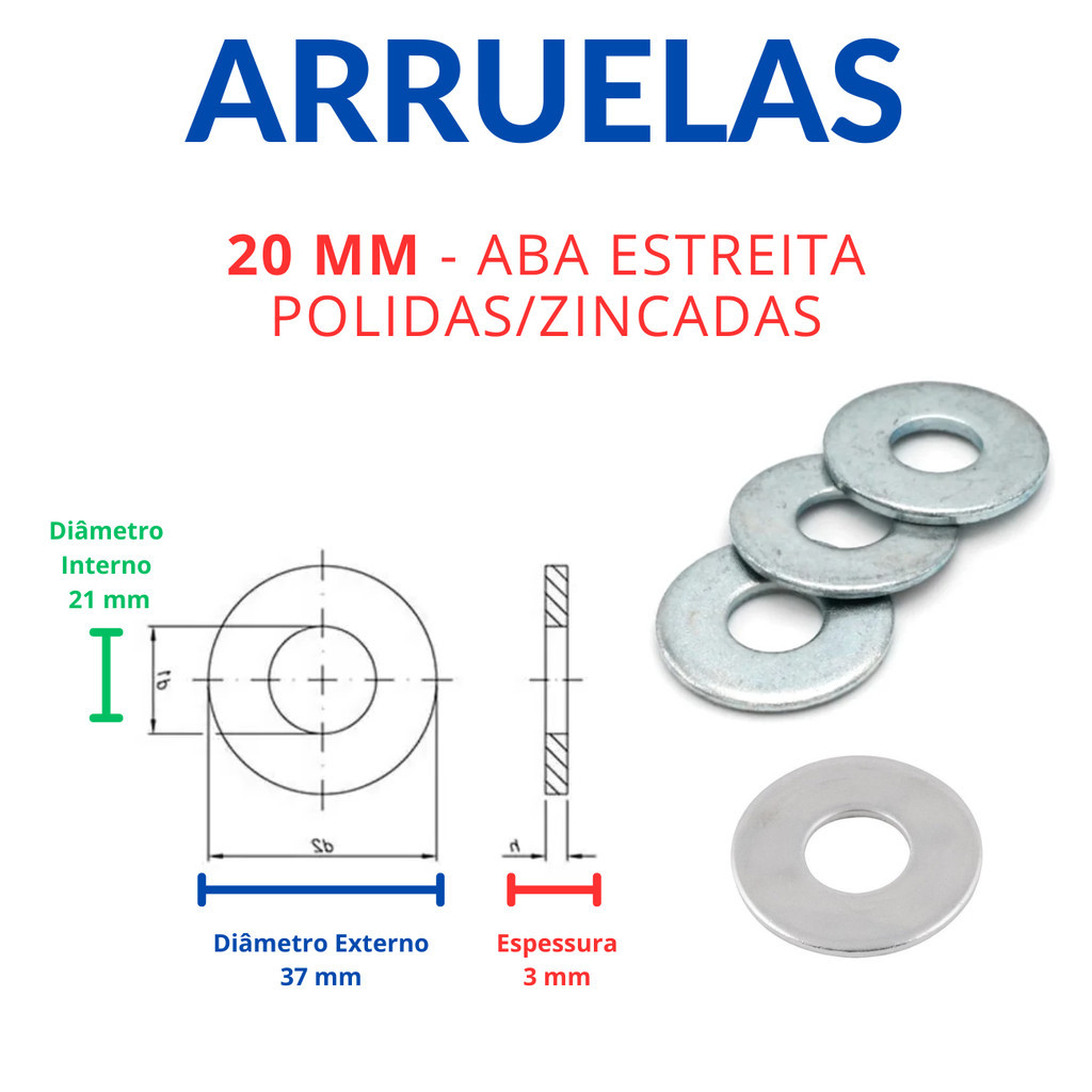 Arruela Lisa Aba Estreita 20mm - Polida ou Zincada - Kit Arruelas Norma ...