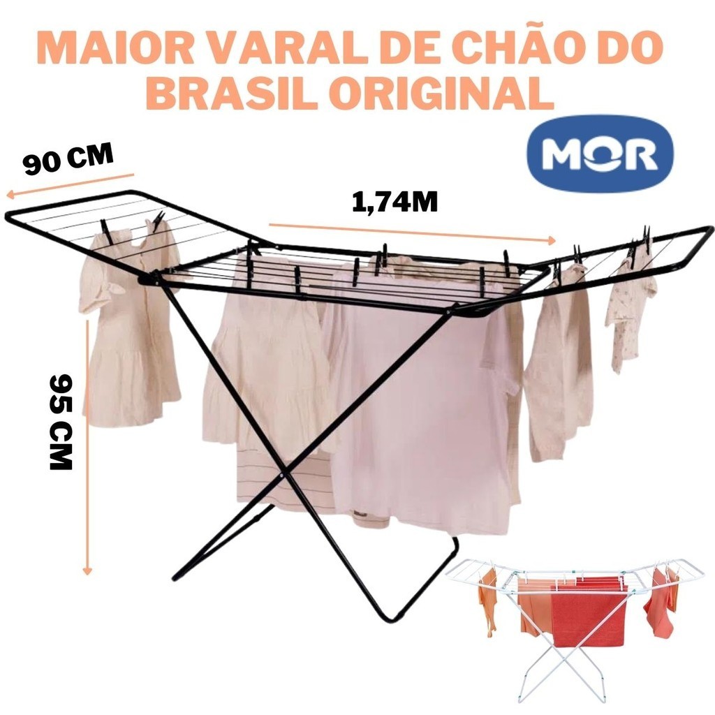 Varal De Chão Roupa Gigante Original Mor Retrátil Casa Apartamento ...