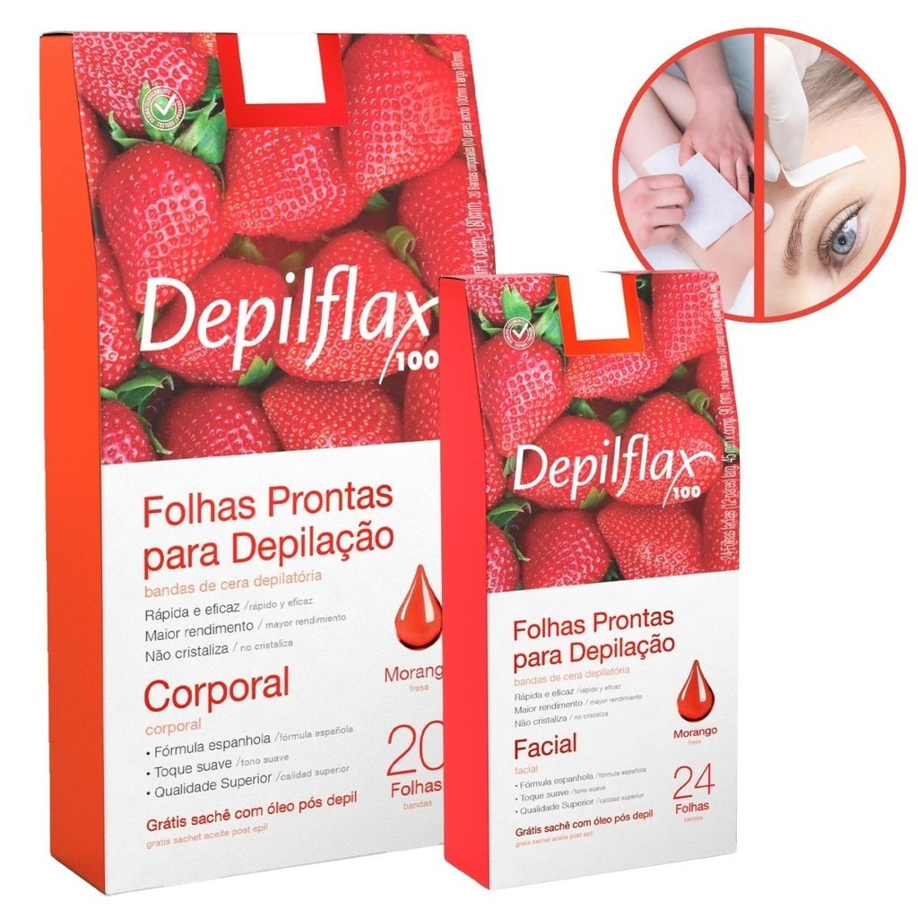 Kit Folhas Prontas Cera Fria Depilação Facial e Corporal Morango ...