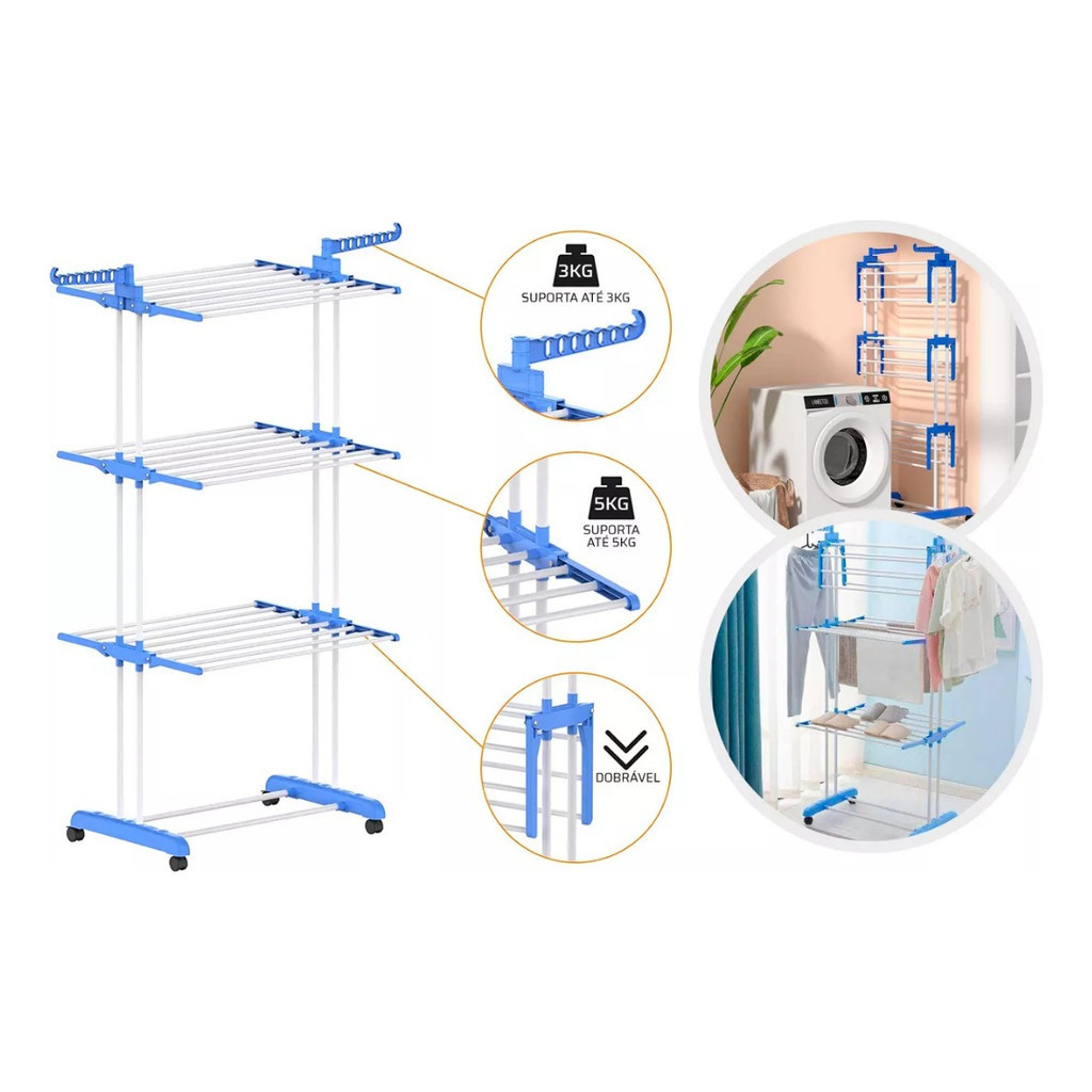 Varal Portatil 3 Andares Grande Pendurar Roupas Seca Roupa Varau de ...