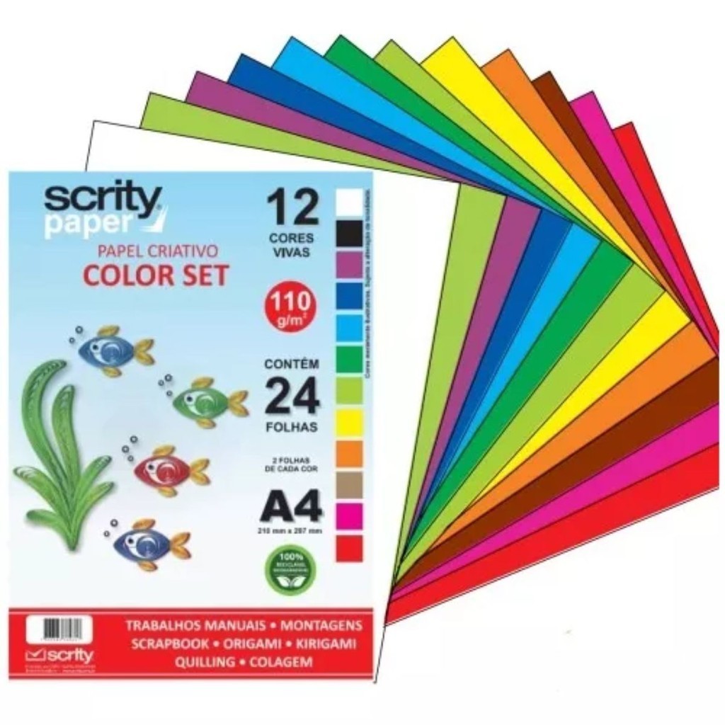 Papel Color Set A4 12 Cores Vivas 110G/M² 24 Folhas Scrity | Shopee Brasil
