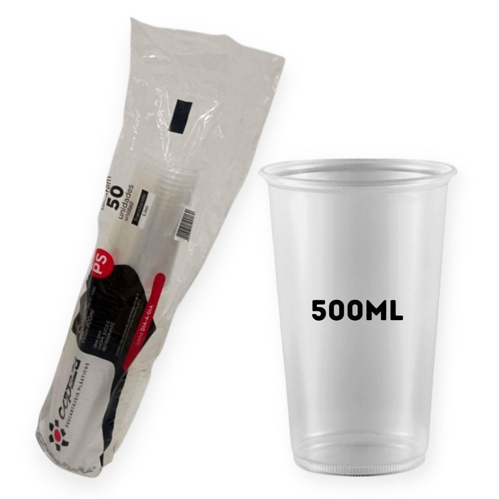 Copo Plástico Descartável PS Liso Translúcido Suco Refrigerante Copaza - 500ml - pct 50 Unidades ...