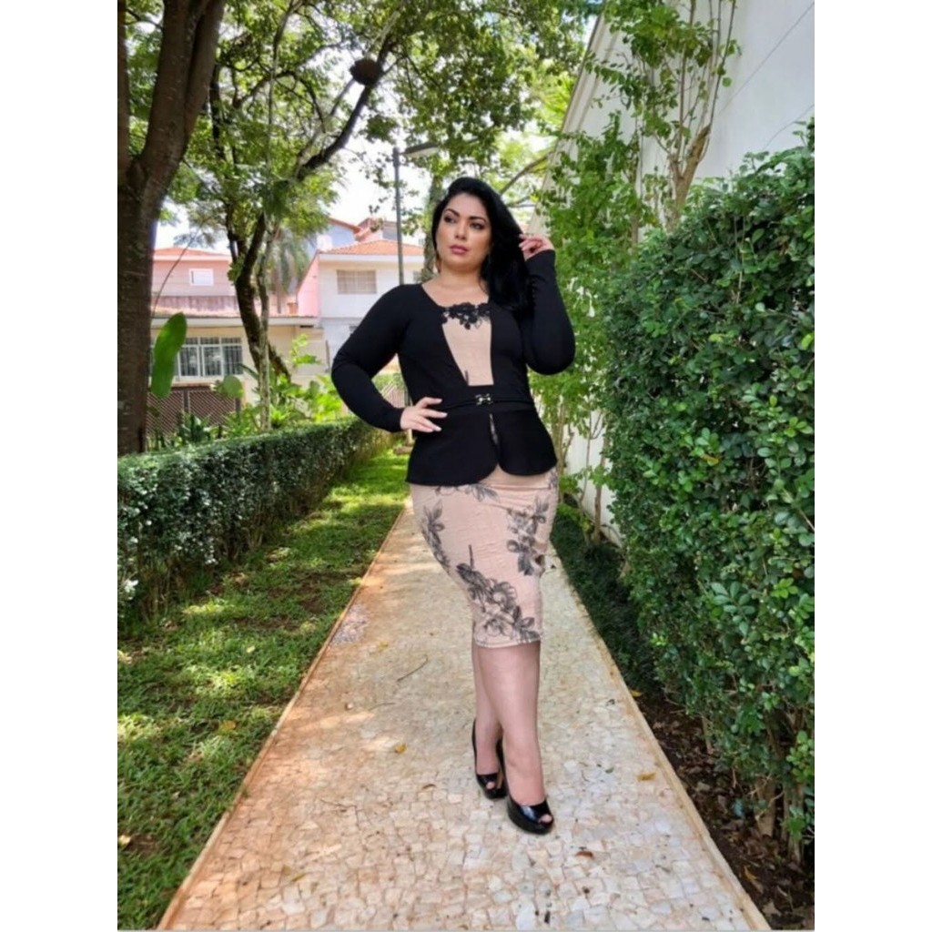 Vestido feminino social manga longa modelo midi tubinho em tecido jacar floral | Shopee Brasil