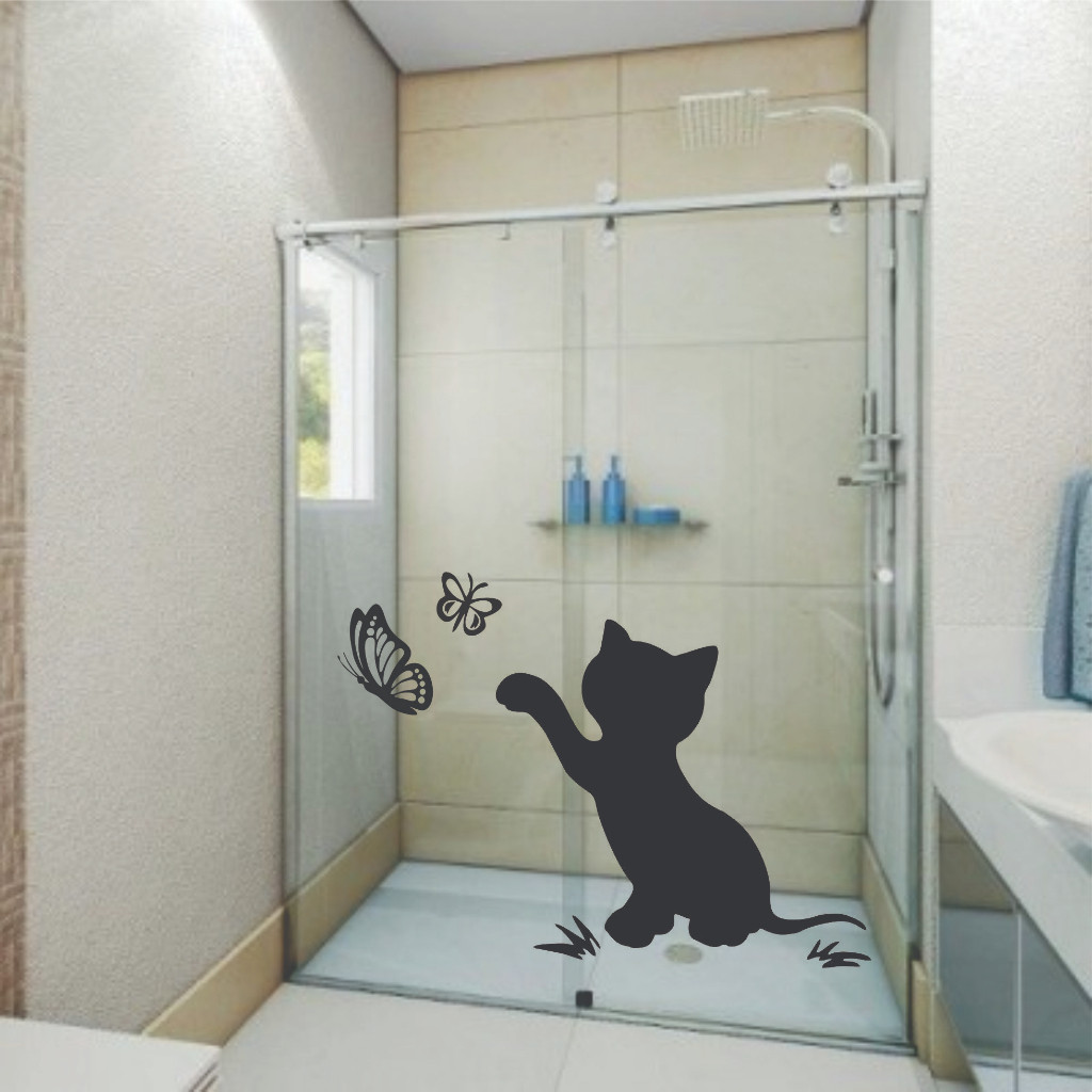 Adesivo Gato Gatinho Divertido Borboleta Box Banheiro | Geladeira ...