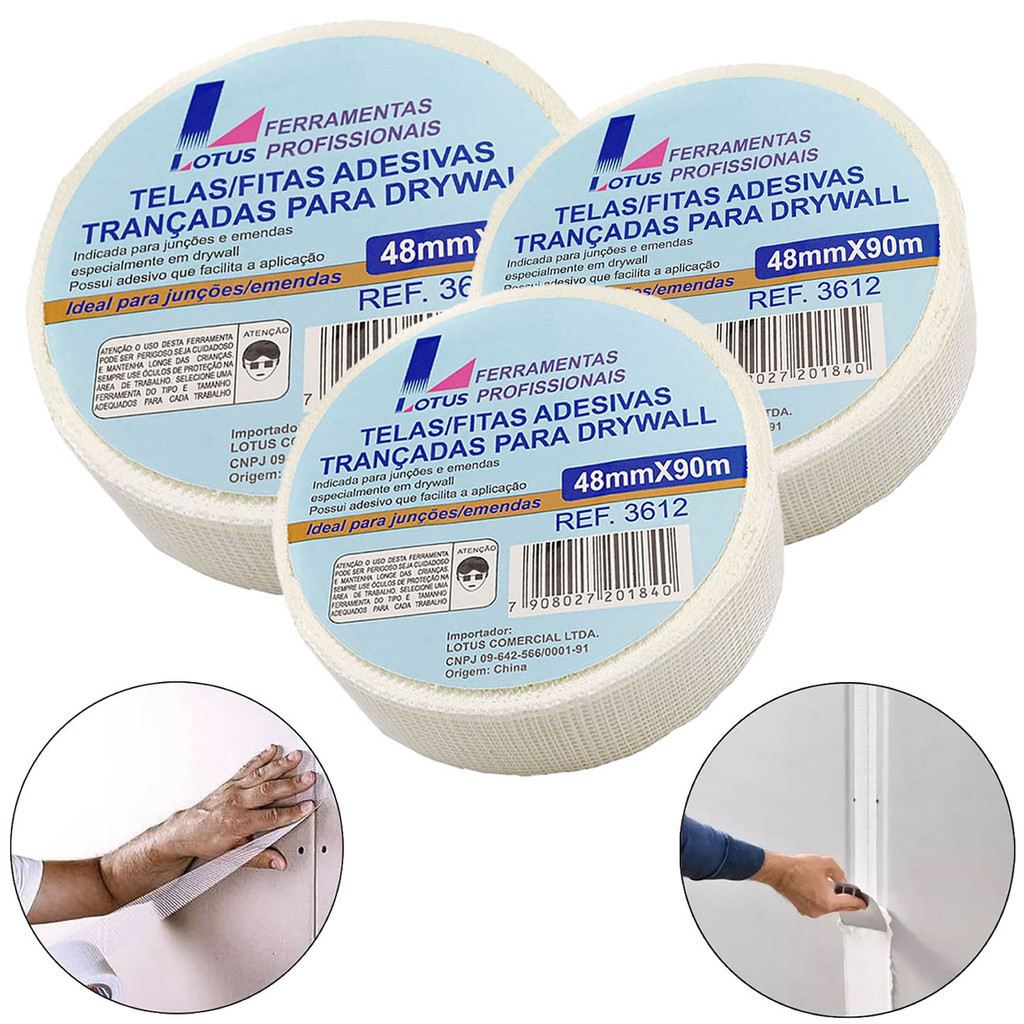Kit 03 Unidades Fita Adesiva Telada Juntas Trincas Drywall Gesso 48x90m ...