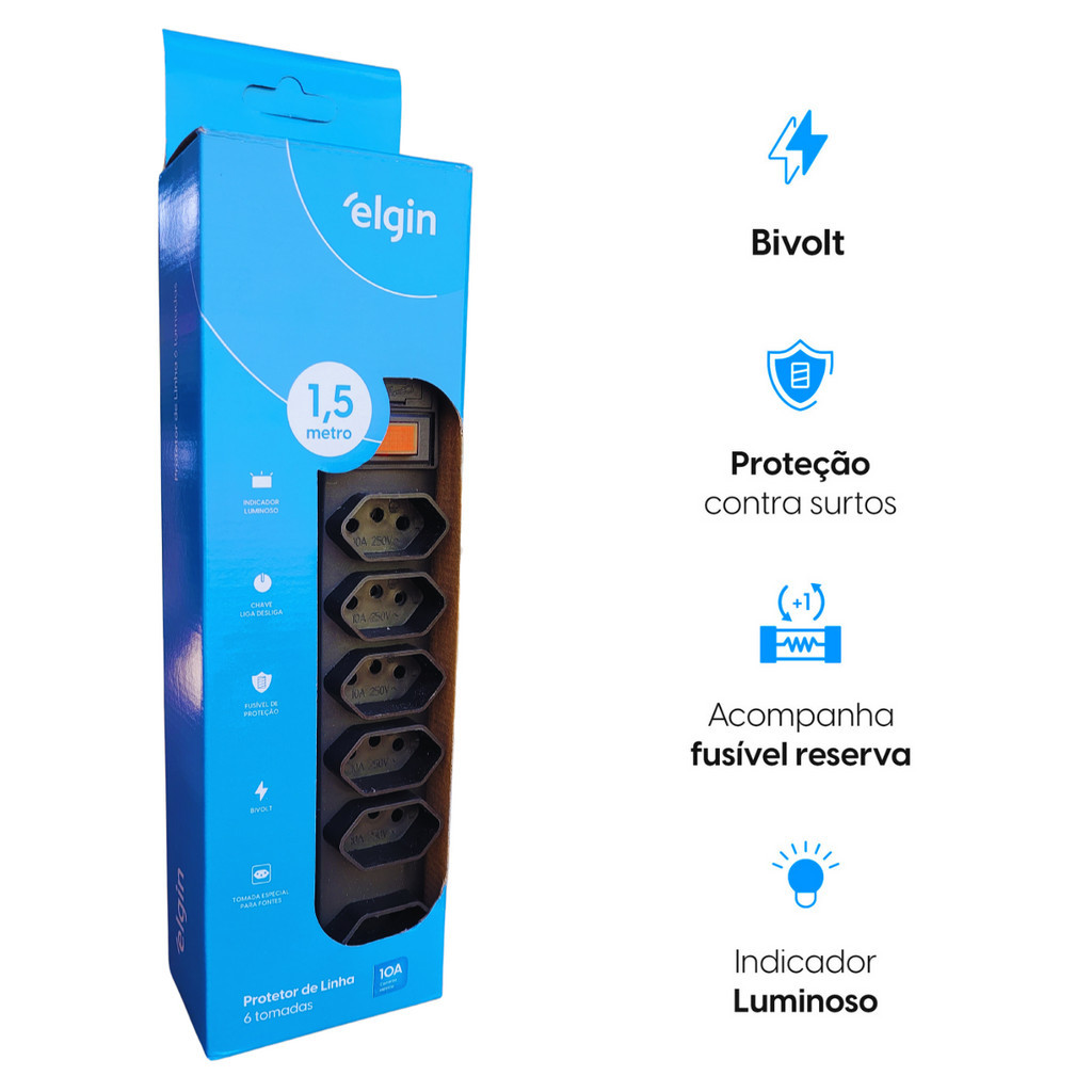 FILTRO DE LINHA 6 TOMADAS ELGIN RÉGUA TOMADAS BIVOLT C/FUSÍVEL TOMADAS TRIPOLAR PROTETOR LINHA ...