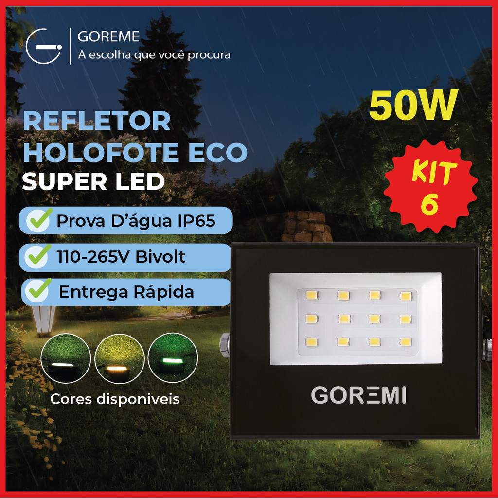 Kit 6 Holofote Refletor Led ECO Pro 50W Branco Frio 6500K (Luz Branca) Branco Quente (Luz ...