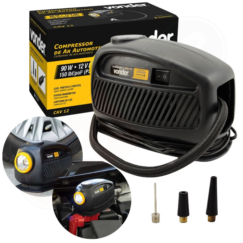 Compressor De Ar Portátil Para Pneus de Carro, Moto Com Lanterna LED E ...
