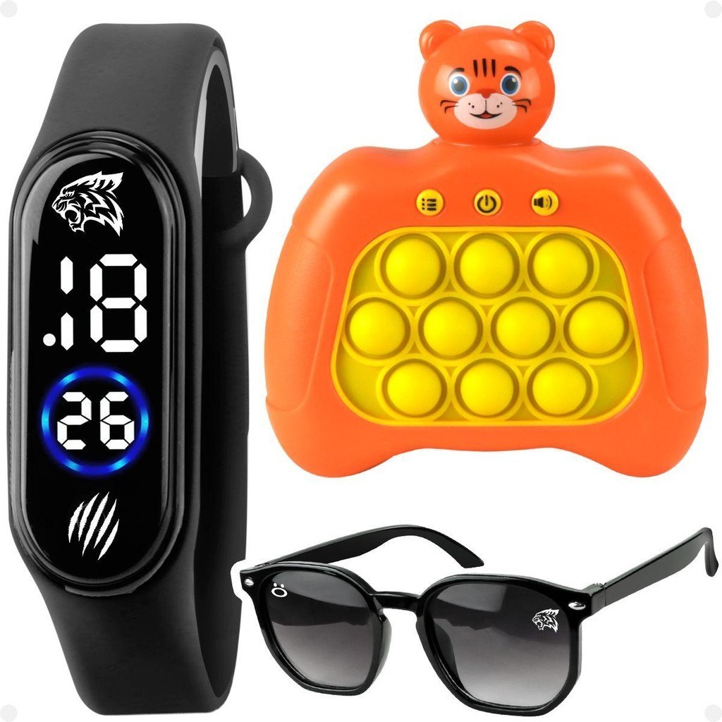 Kit Relógio Infantil Kids + Pop It Tigre + Óculos Uv Kpro2 | Shopee Brasil