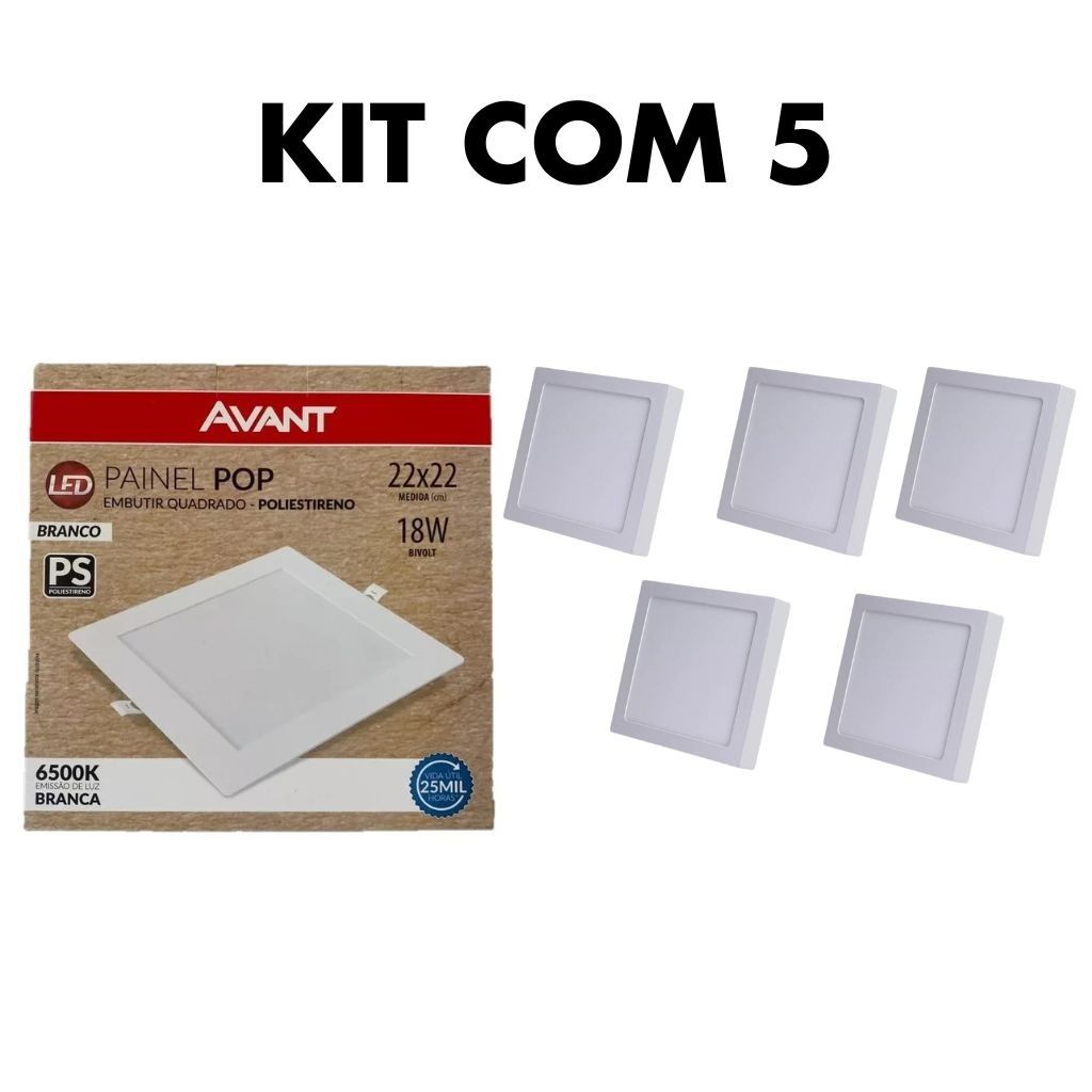 Kit 5 Painel Luminaria Plafon Led 18W Quadrado Embutir AVANT Luz Branca 6500K Bivolt | Shopee Brasil