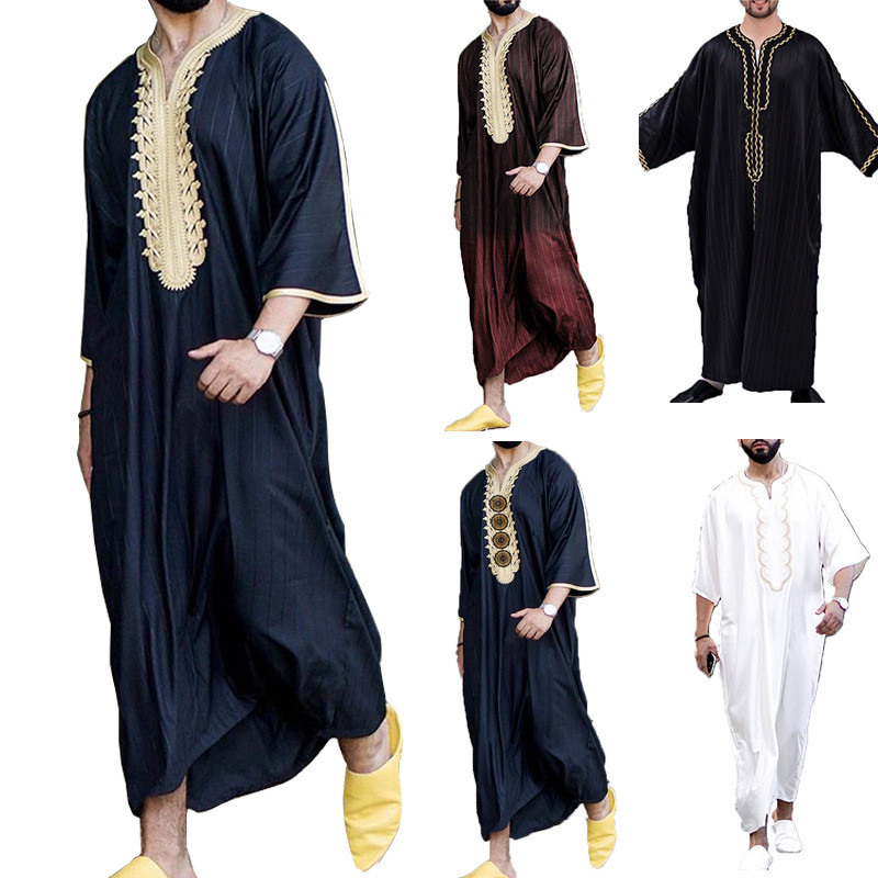 2025 Verão Moda Masculina Robe Árabe Solto Decote em V Manga Curta ...