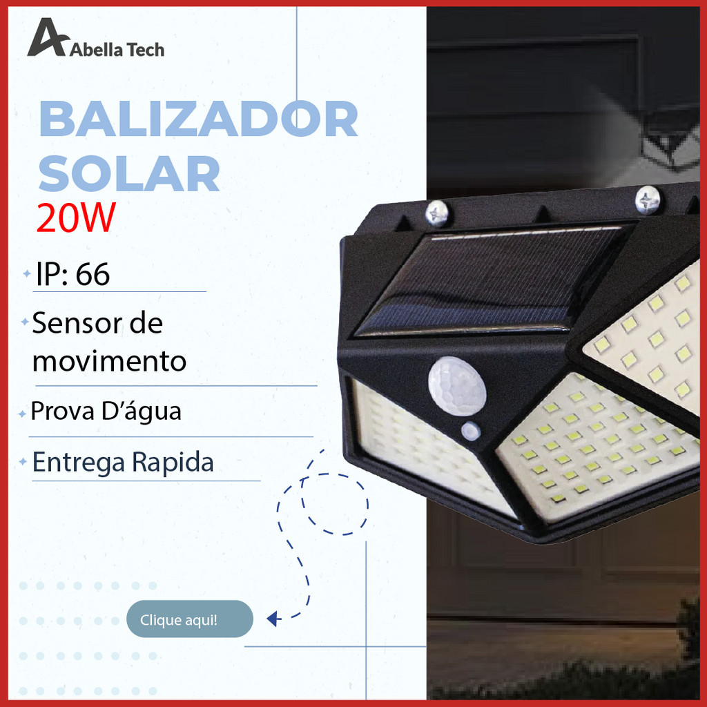 Balizador Solar Luminária Com Sensor de Movimento Parede Luz Branca 20W ...