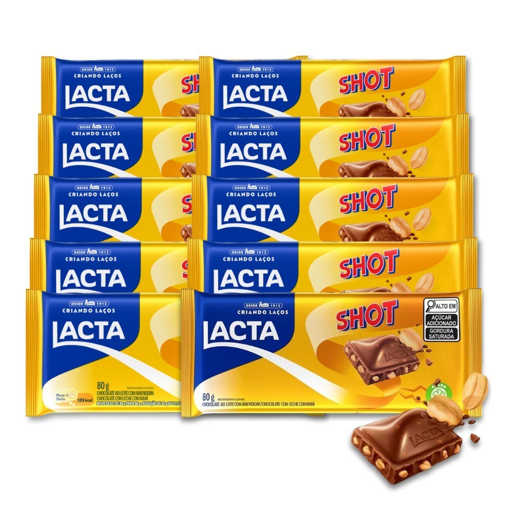 Chocolate Shot com Amendoim Lacta Kit 10 barras de 80g | Shopee Brasil