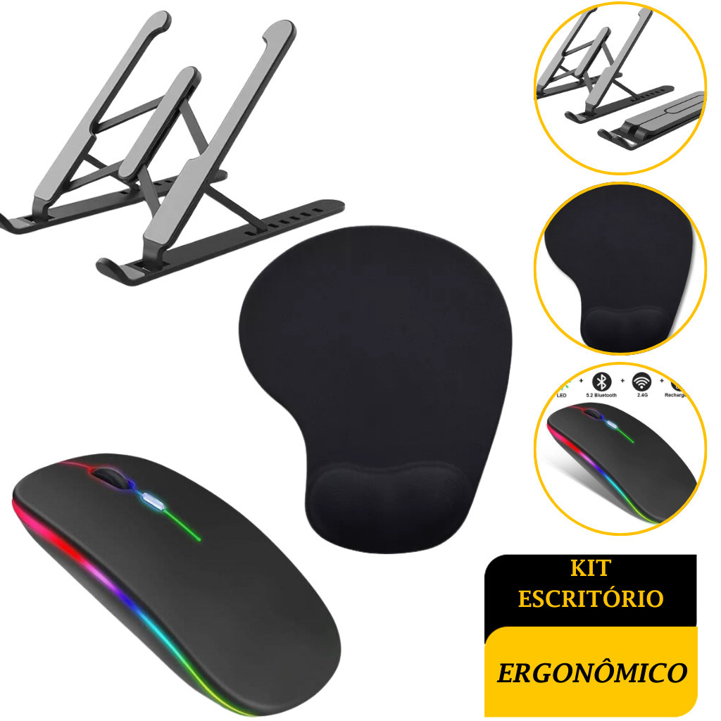 Kit Ergonômico para Escritório: Mouse Bluetooth + Mouse Pad com Apoio ...