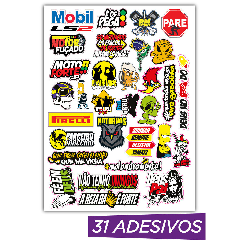 Kit 31 Adesivos na Cartela Para: Bike,Capacete, Moto e Carro | Shopee Brasil