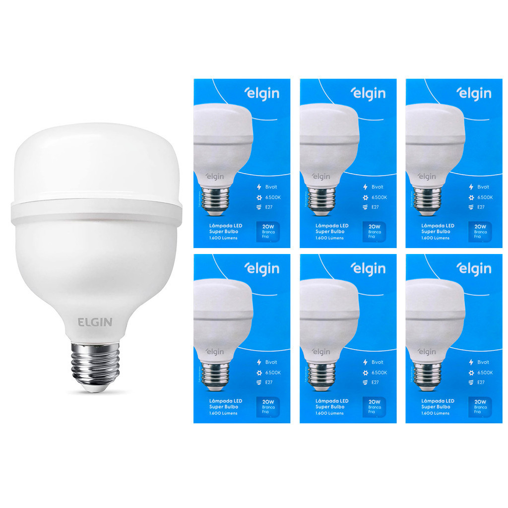 kit 6 Lâmpada Led Bulbo Alta Potencia 20w Bivolt Elgin 6500k | Shopee Brasil