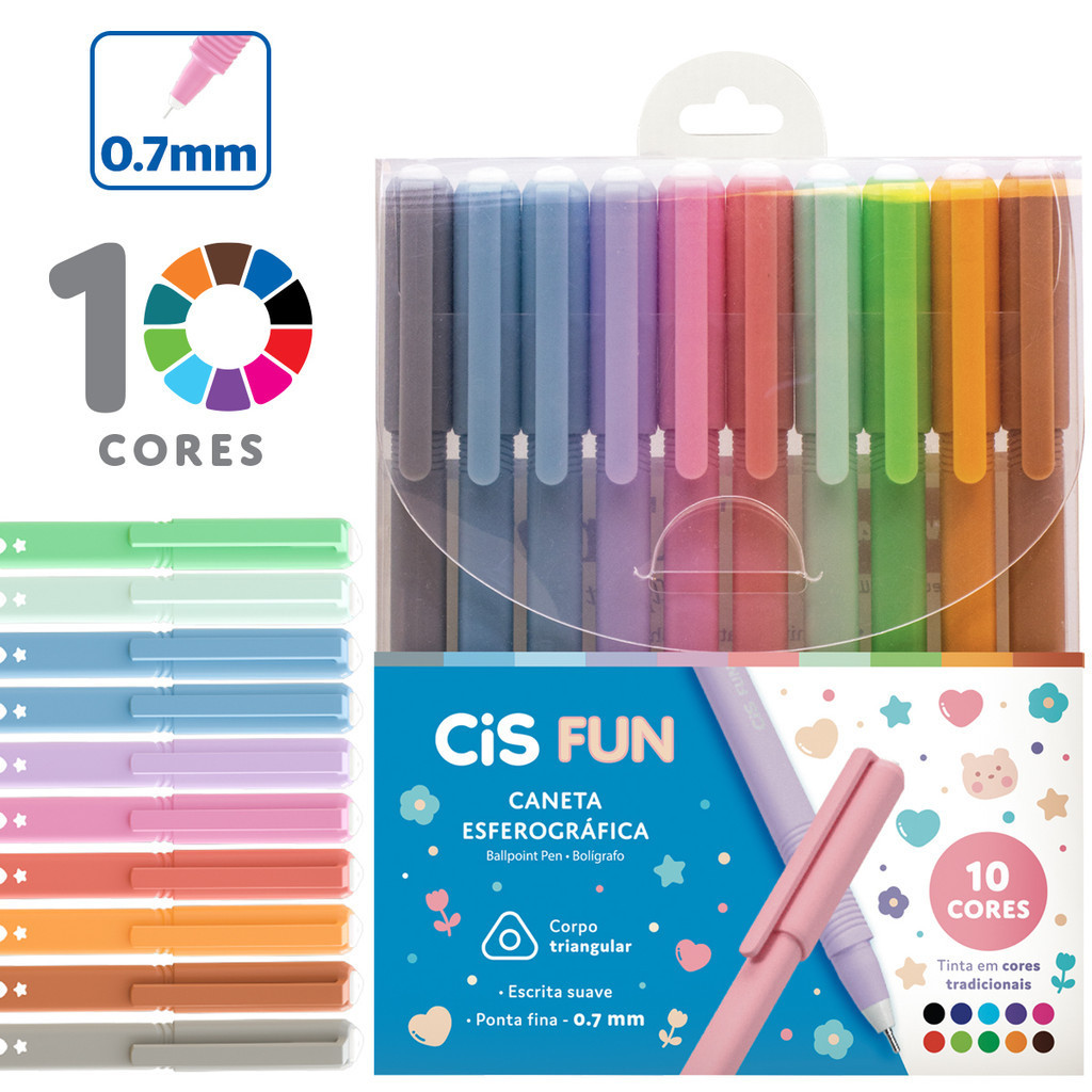 Kit 10 Canetas Coloridas Cis Fun Ponta Fina 0.7mm | Shopee Brasil