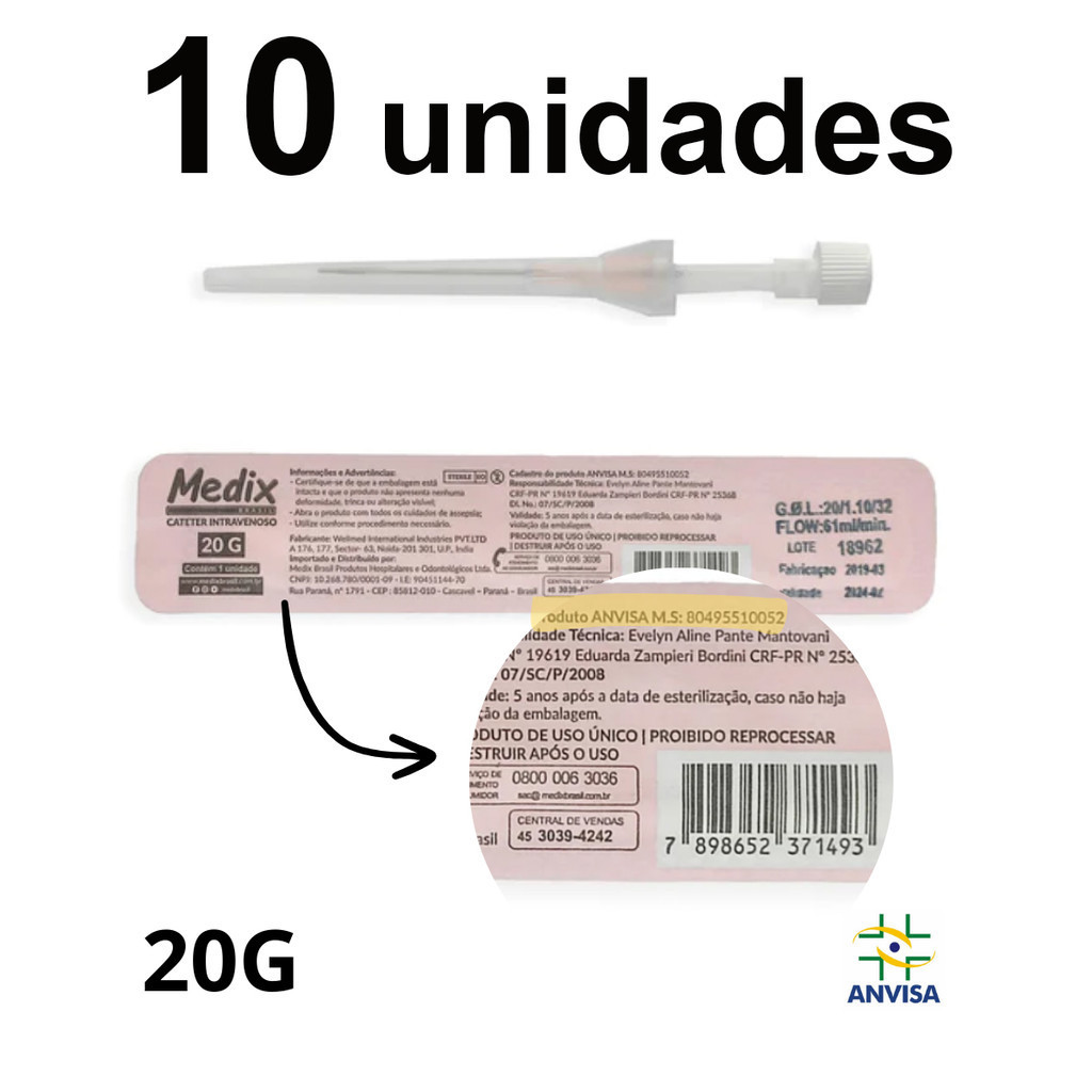 Kit 10 cateter aplicação piercing body intravenoso numero 20 cateter ...