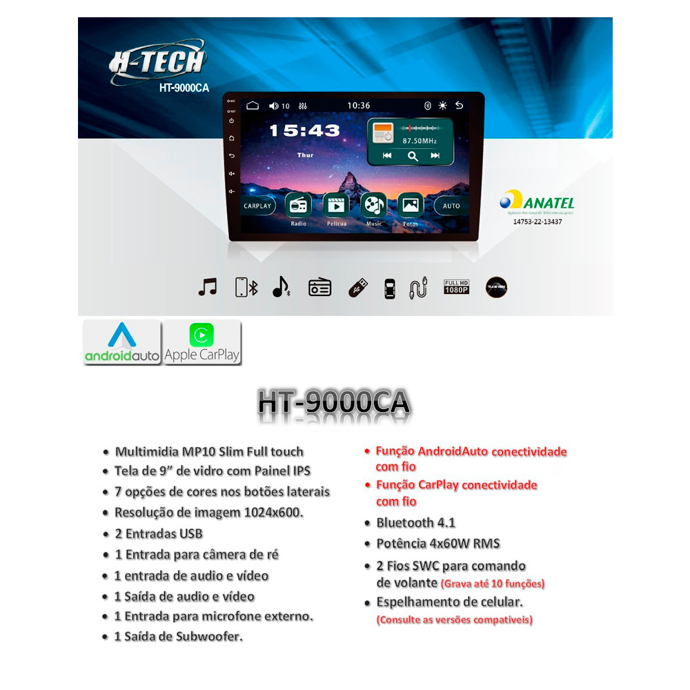Multimidia H-tech Ht-9000ca Mp5 9 Pol Carplay/Android Auto | Shopee Brasil