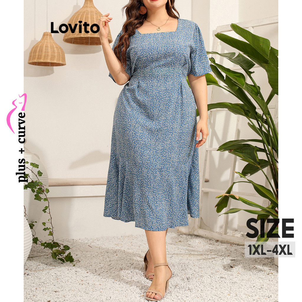 Lovito Curvas Plus Size Elegante Vestido Feminino Plissado Estampa