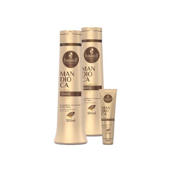 Kit Haskell Mandioca Shampoo 500ml, Condicionador 500ml, Leave in 150g (3 produtos) | Shopee Brasil