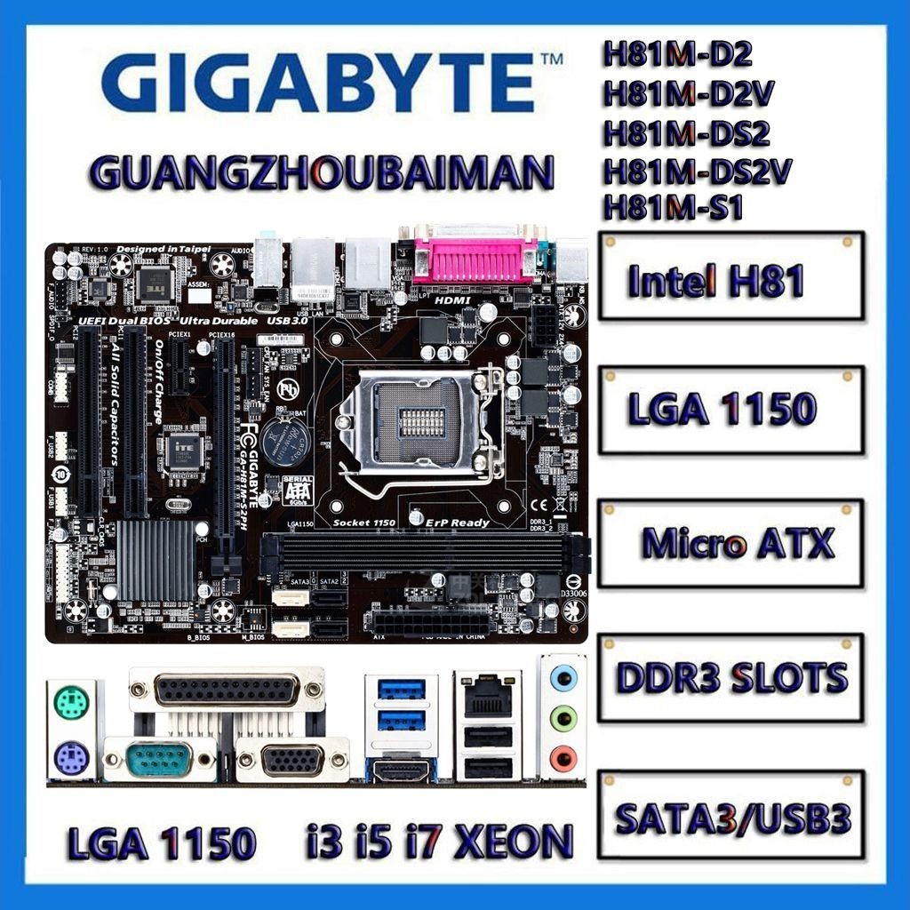 Gigabyte GA-H81M-S1/DS2 Ds2v D2 D2V D3v LGA 1150 Placa-Mãe DDR3 Intel ...