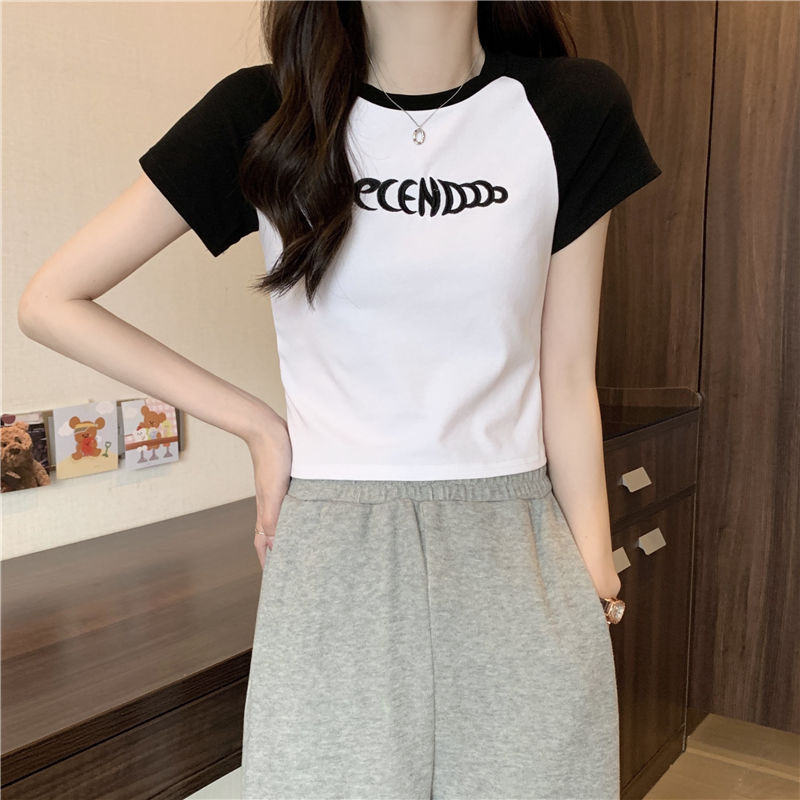 Carta interna T-Shirt chi Trendy Half-Sleeved Summer Contrast Cor Hong ...