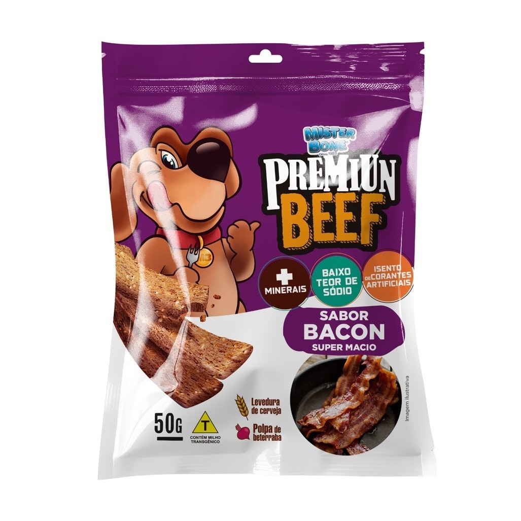 20 UNID. - Bifinho Premium Beef - MISTER BONE - Sabor Bacon - 50G | Shopee Brasil