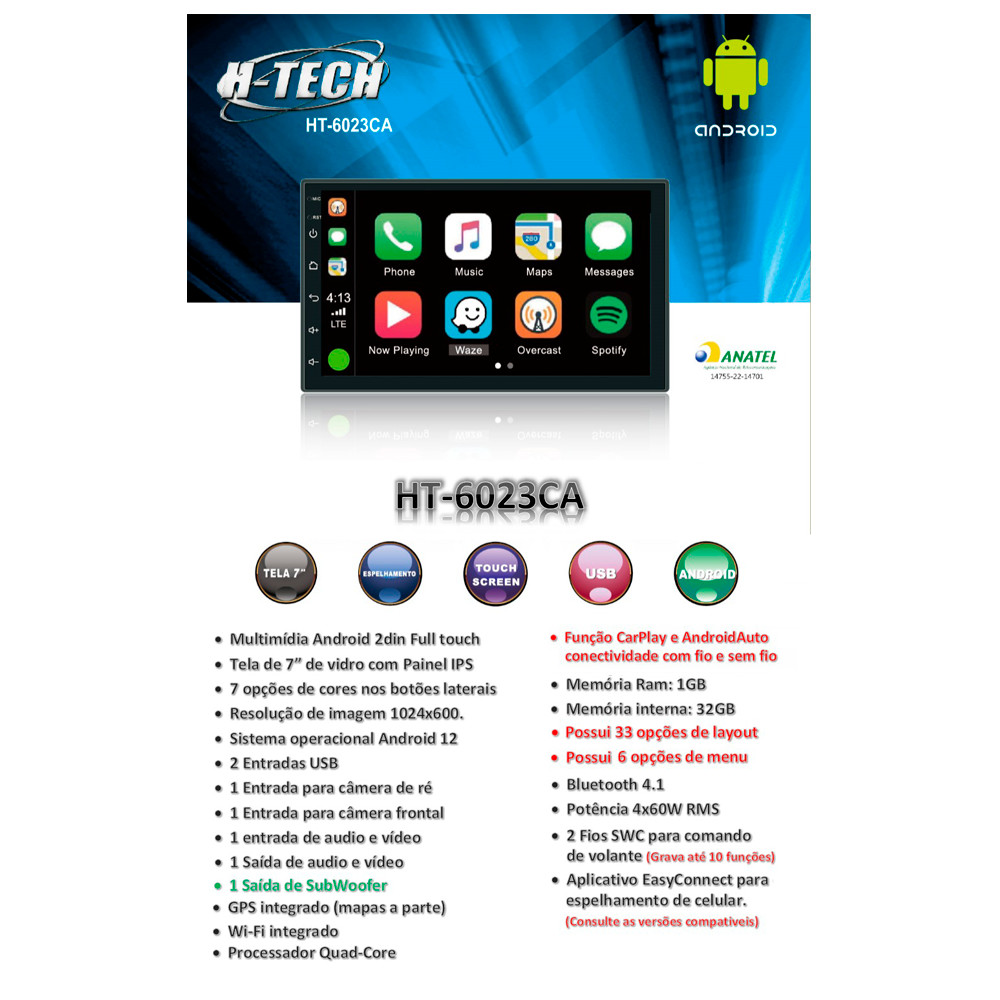 Multimidia Mp5 Android Carplay s/ Fio 7 Polegadas Ht-6023ca | Shopee Brasil