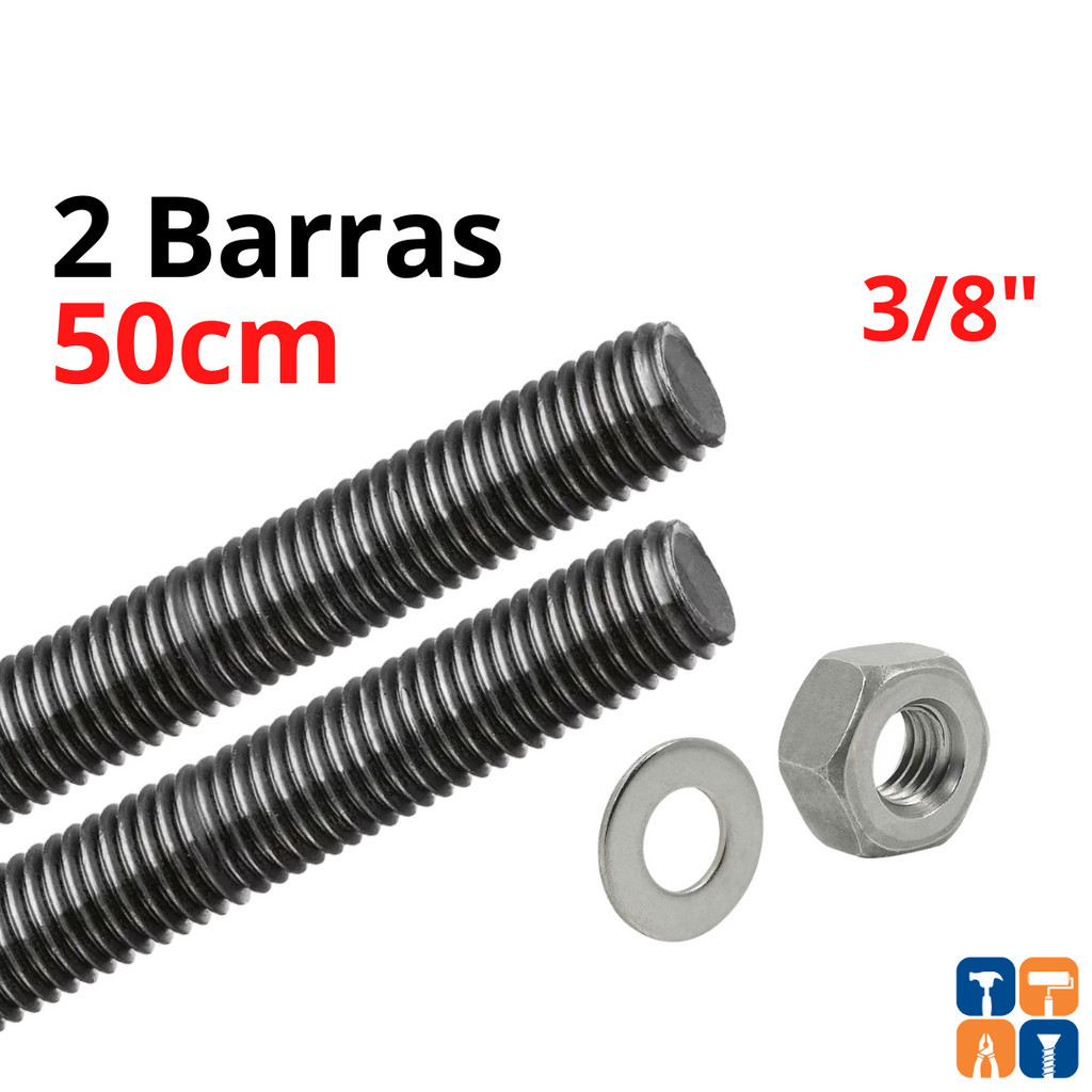 2 Barra Roscada Rosqueada 50cm 3/8 - Kit Barras Rosqueada Roscada com ...