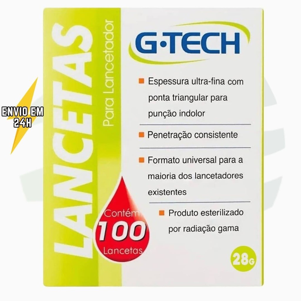 Lancetas G-Tech 2 Para Lancetadores 28g com 100 unidades Punção Precisa ...