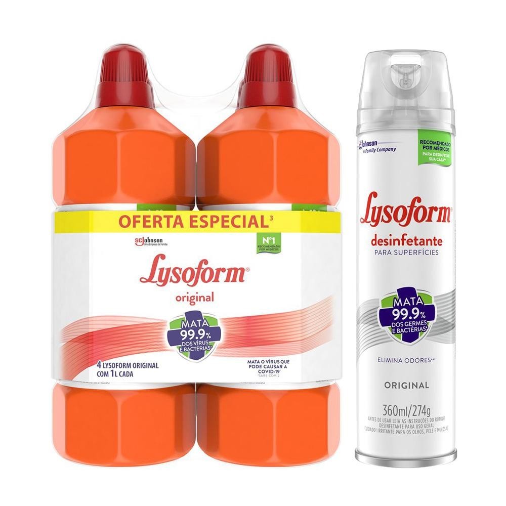 Kit Desinfetante Lysoform Original 4un de 1L + Aerossol Original 360ml ...