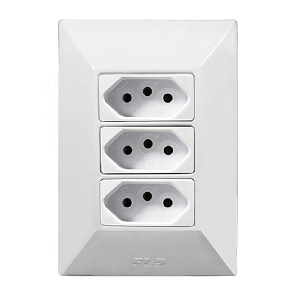 Kit Com 10 unidades de Tomada Tripla Modelo 10A 2p+t Branco Com Placa Espelho Bivolt 127v 250v ...