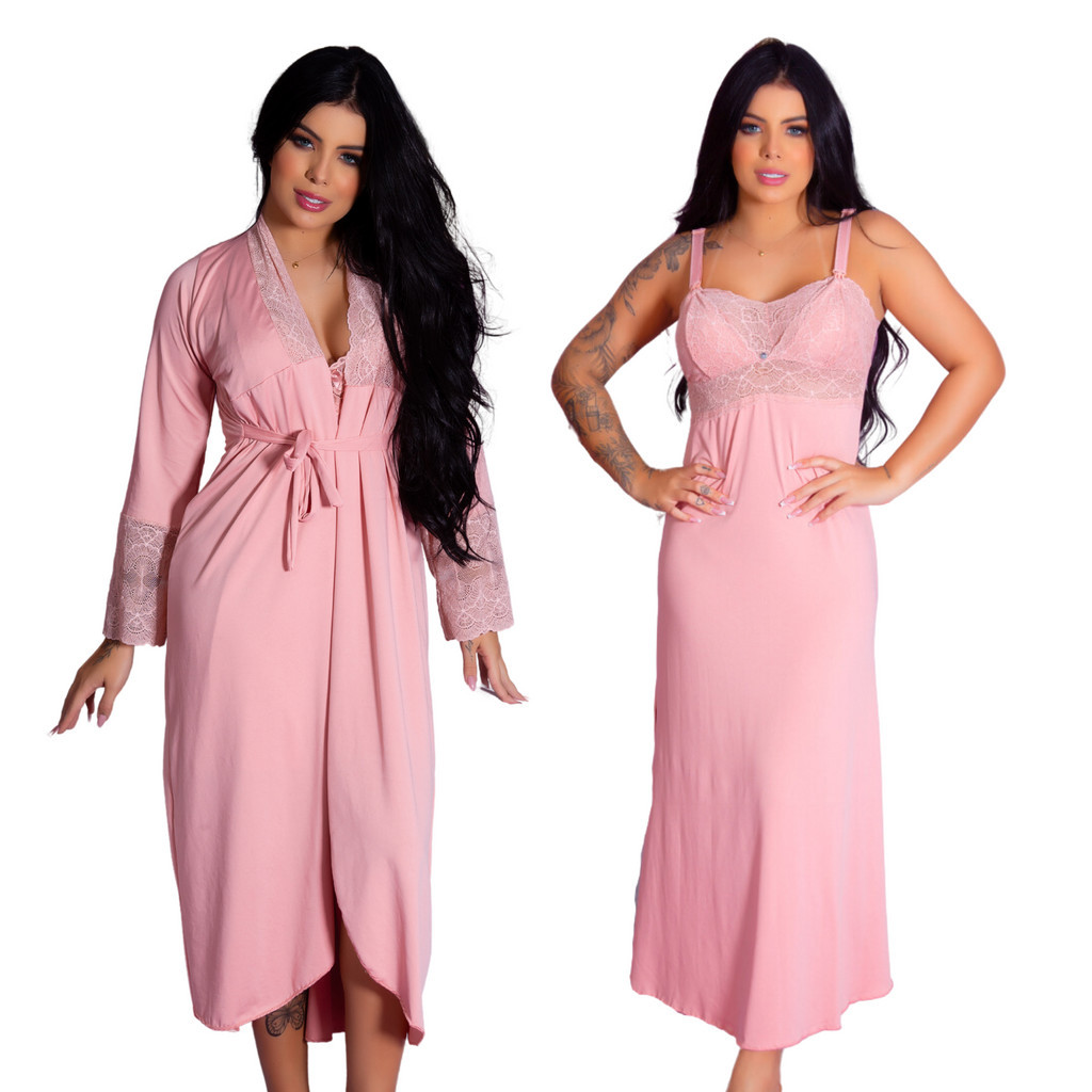 Kit Robe Roupão e Camisola Amamentação Longos Pós Parto Com Renda ...