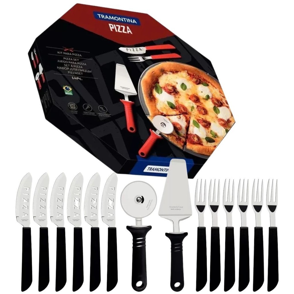 KIT PARA PIZZA 14 PEÇAS PRETO COM LAMINAS EM ACO INOX | Shopee Brasil
