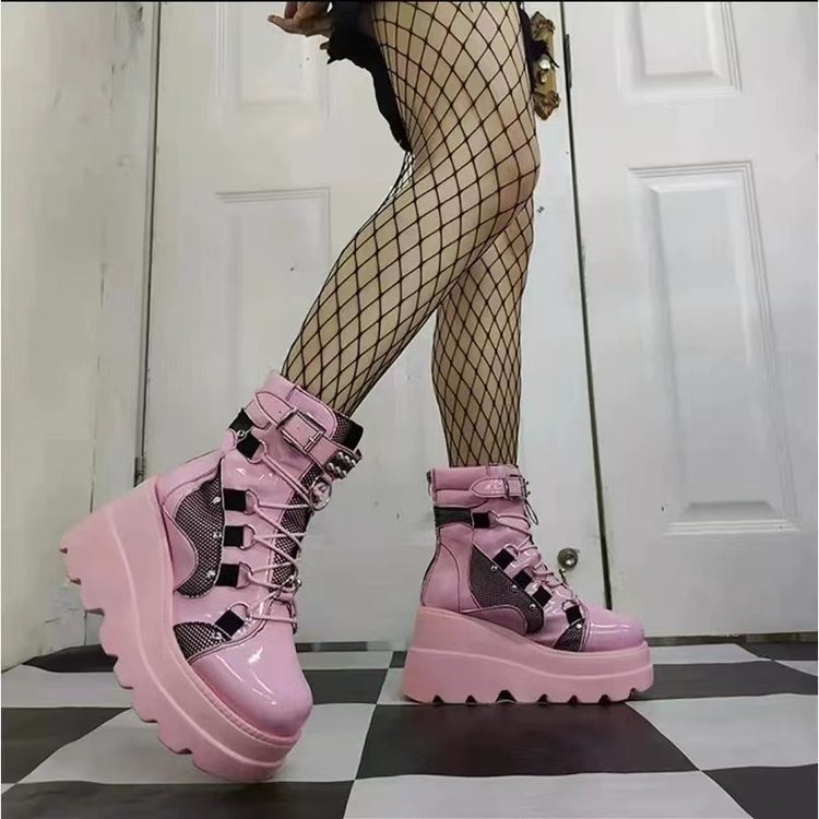 Demonia botas de sola grossa 2025 novo estilo escuro gótico rosa cunha ...