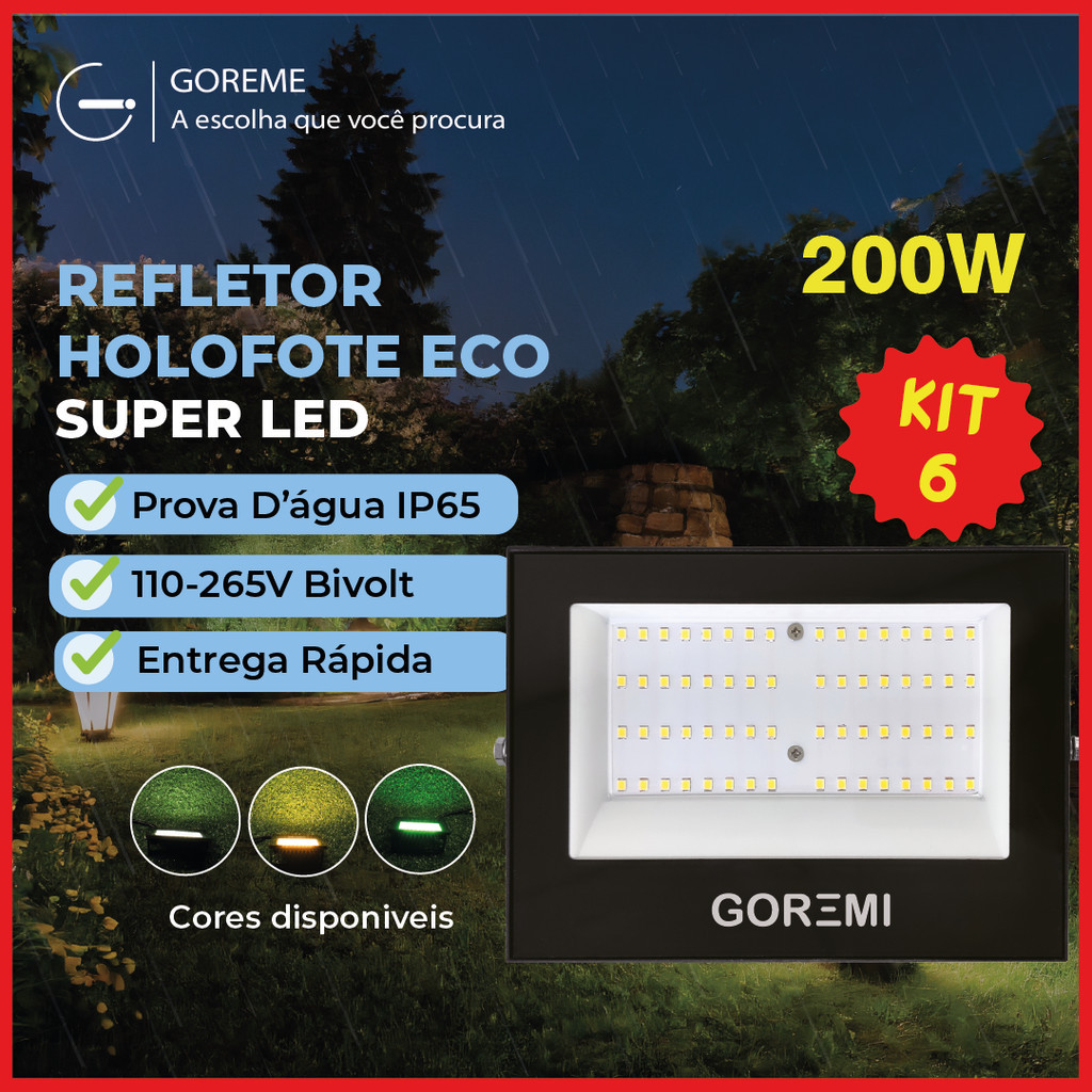 Kit 6 Holofote Refletor Led ECO Pro 200W Branco Frio 6500K (Luz Branca) Branco Quente (Luz ...