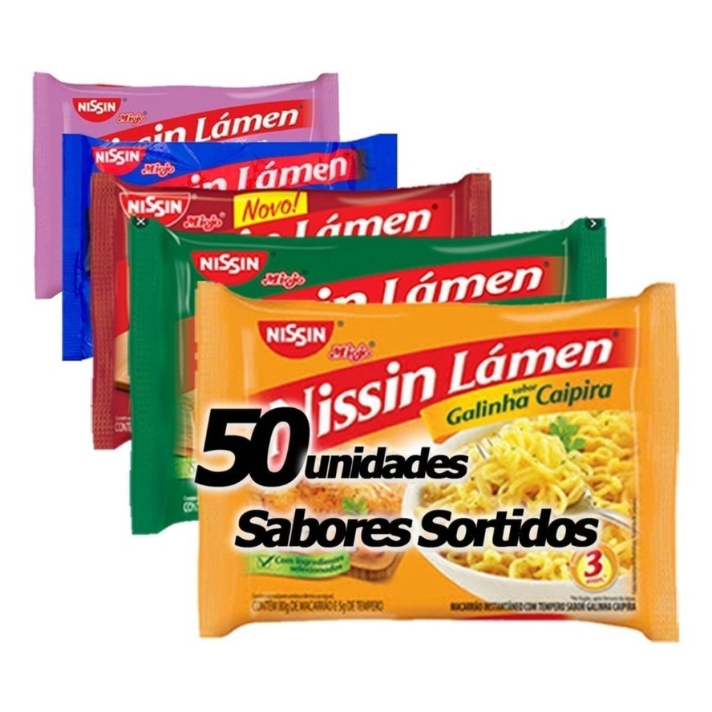 Nissin Lamen Miojo Kit Grande c/ 50 Unidades - Galinha Caipira Bacon ...