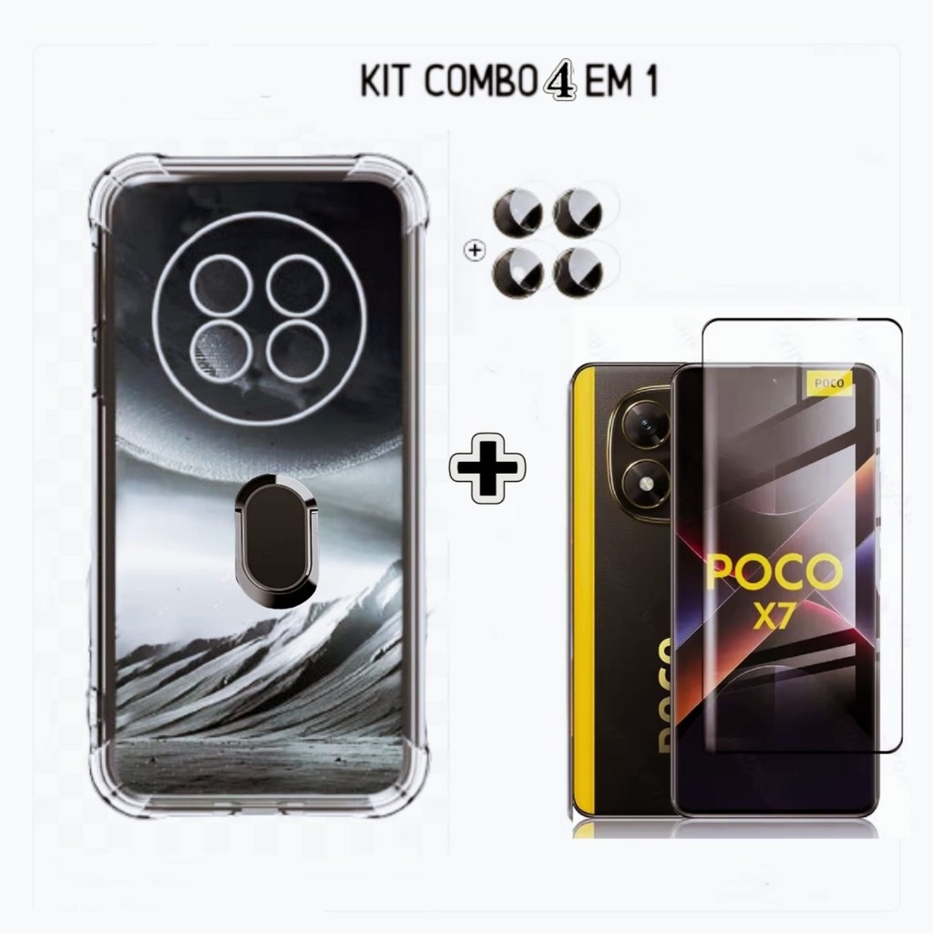 KIT 4EM1 POCO X7 Capa Capinha + Película Vidro Curva + Suporte rotação ...