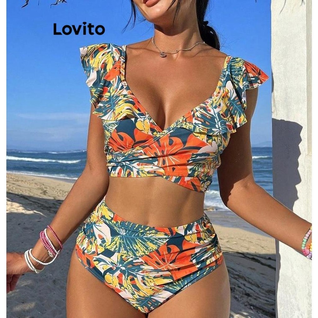 Lovito Conjunto De Biquíni Sexy Com Babados Florais Ditsy Para Mulheres