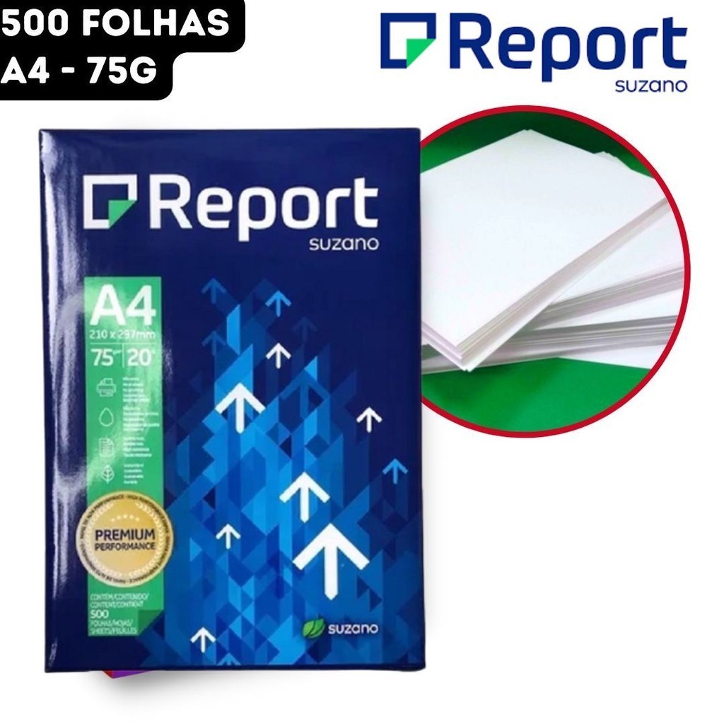 Folha de Papel Sulfite A4 75g Impressão Escrita Report - 21x29,7cm - 500 Folhas | Shopee Brasil