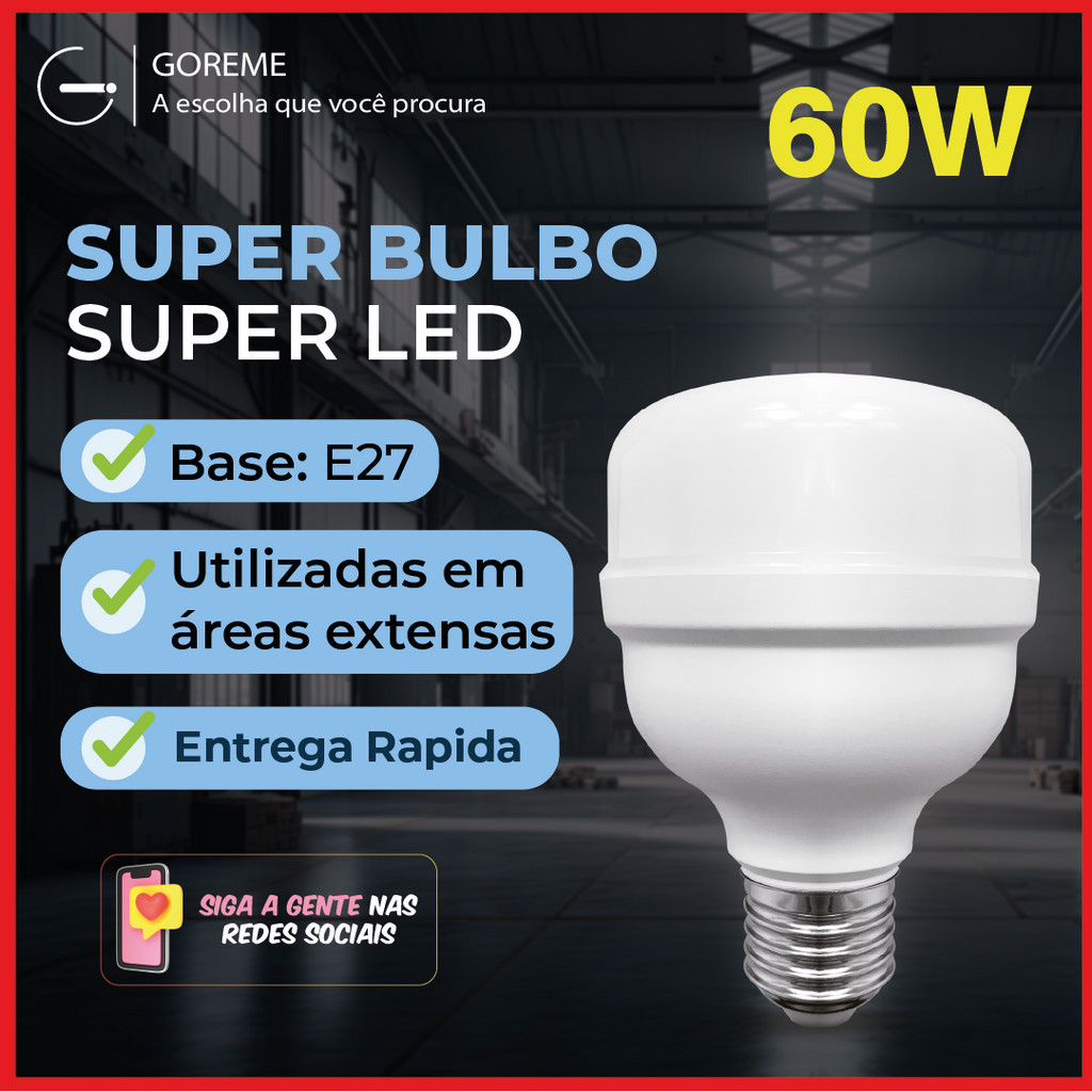Super Bulbo Lâmpada LED 60w E27 Alta Potência Luz Branca 6500k Bivolt ...