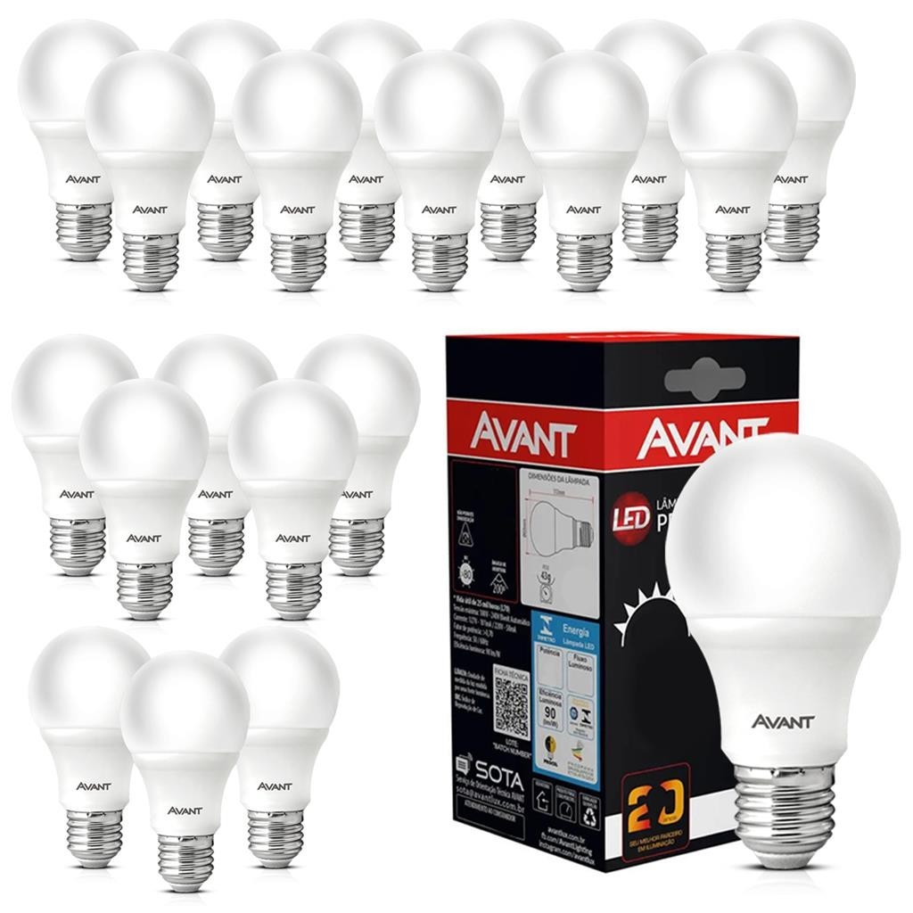 Kit 20 Lampadas Led Bulbo A60 9W Bivolt E27 6500K Luz Branca Avant | Shopee Brasil